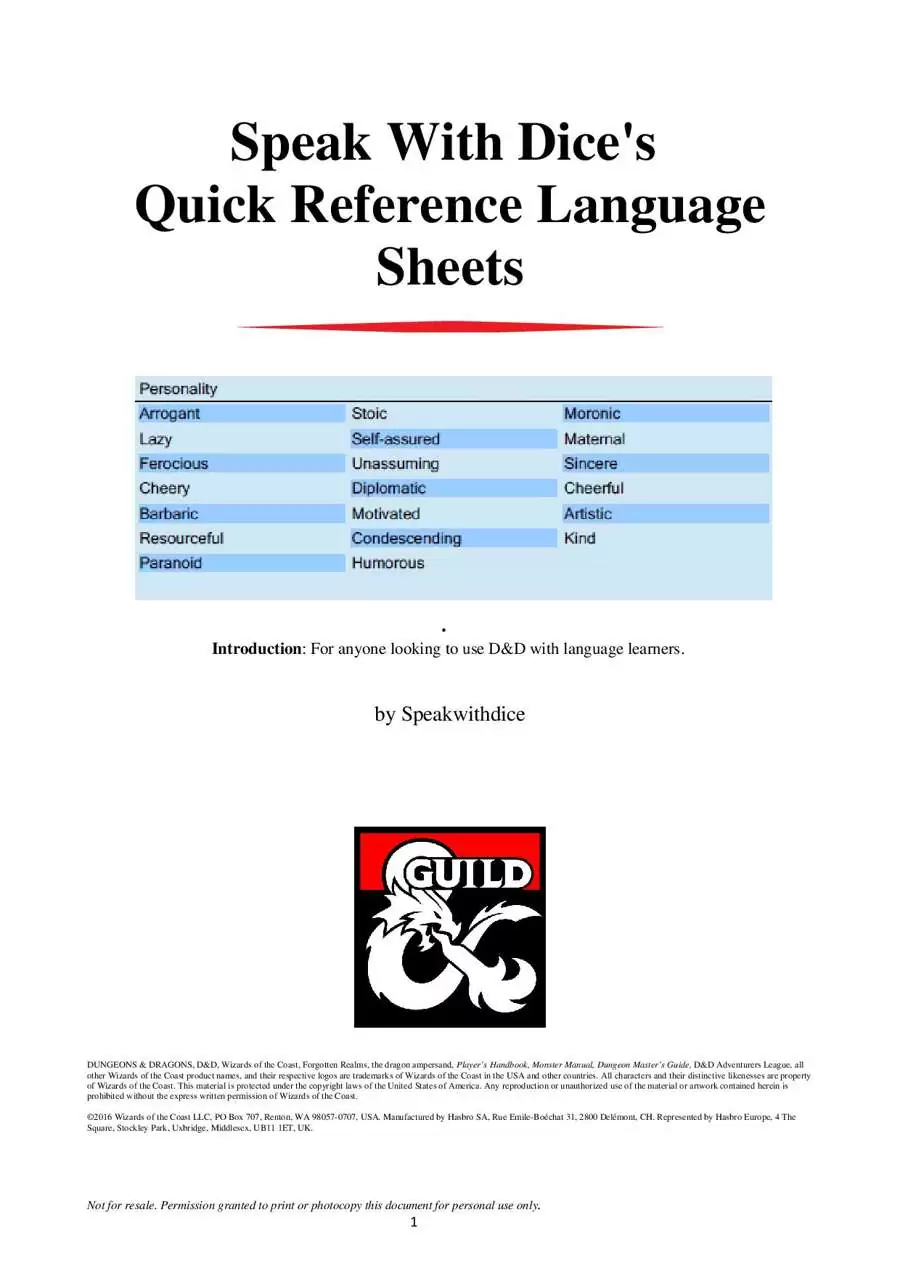 Quick Reference Language Sheets - Dungeon Masters Guild | DriveThruRPG