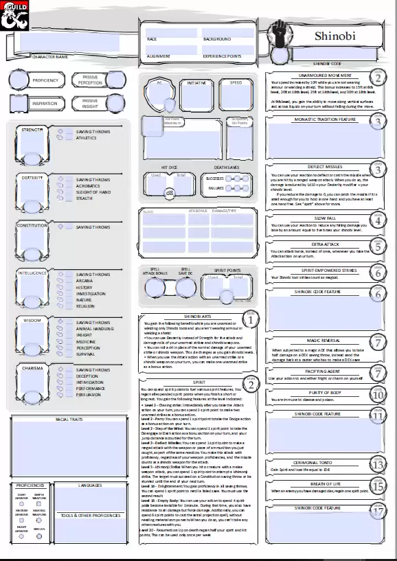 Shinobi Character Class Sheet - Dungeon Masters Guild | DriveThruRPG