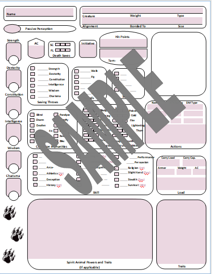 Animal Character Sheet - Dungeon Masters Guild | DriveThruRPG