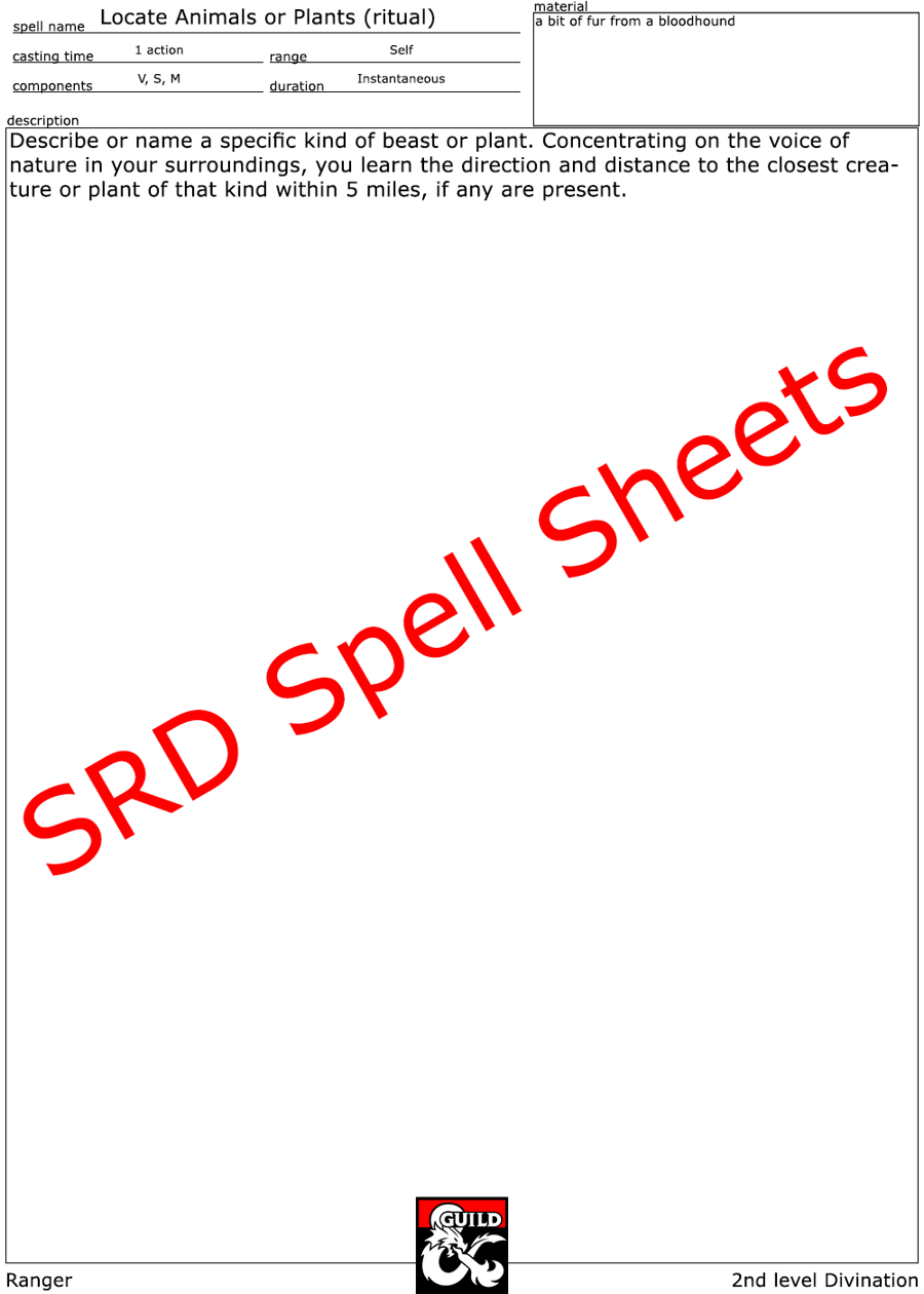 Ranger SRD Spell Power Sheets - Make your own Spellbook - Dungeon ...