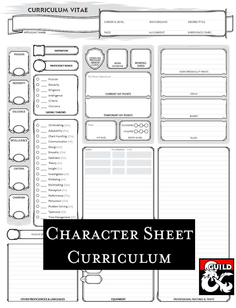 Curriculum Character sheet - printable - Dungeon Masters Guild ...