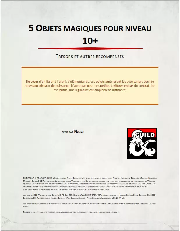 5 Objets magiques Niveau 10+ - Dungeon Masters Guild | DriveThruRPG