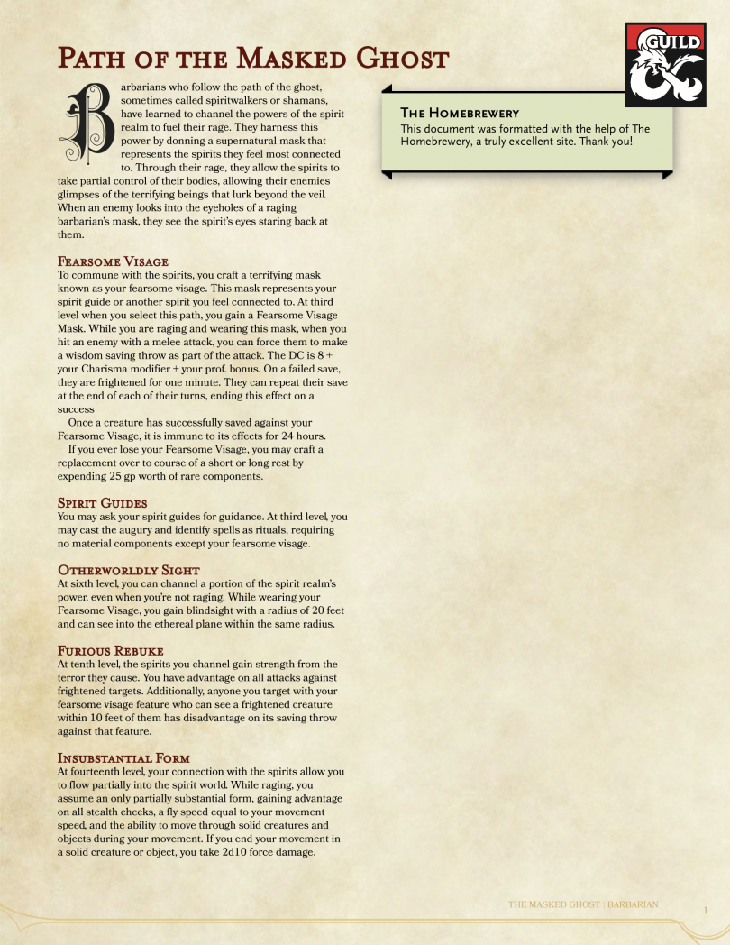 Barbarian Subclass - Path of the Masked Ghost - Dungeon Masters Guild ...