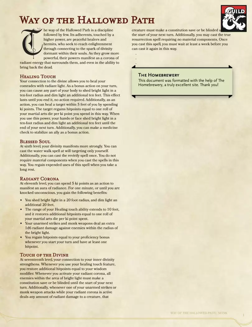 Monk Subclass - Way of the Hallowed Path - Dungeon Masters Guild | DriveThruRPG