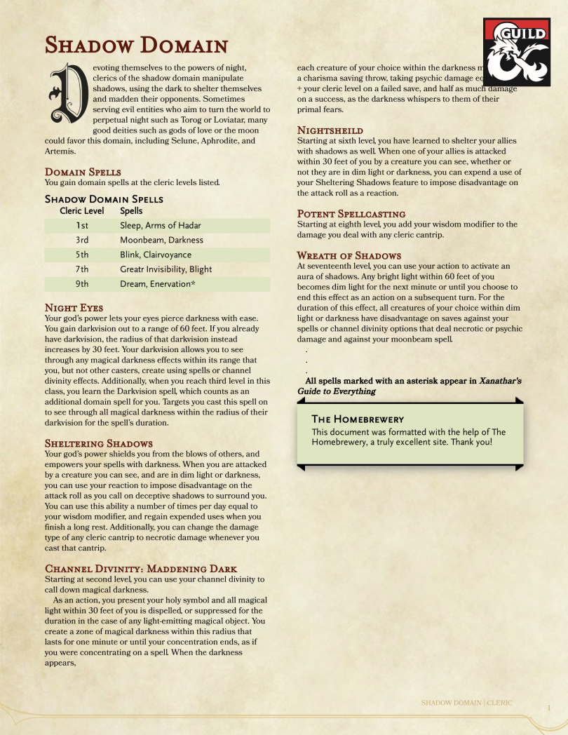 Cleric Subclass - Shadow Domain - Dungeon Masters Guild | DriveThruRPG