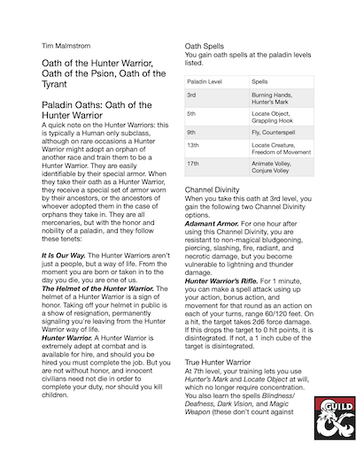 Oath of the Hunter Warrior, the Psion, and the Tyrant - Dungeon Masters ...