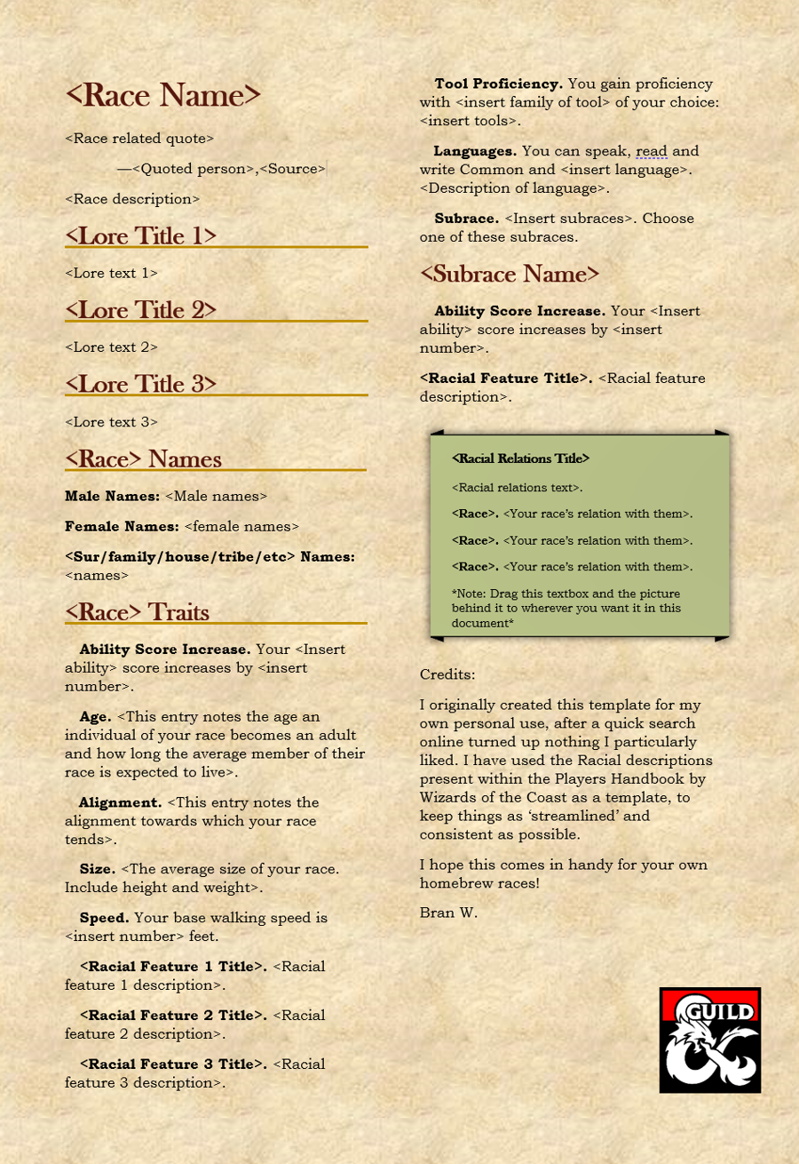 Homebrew Race Template - Dungeon Masters Guild | DriveThruRPG
