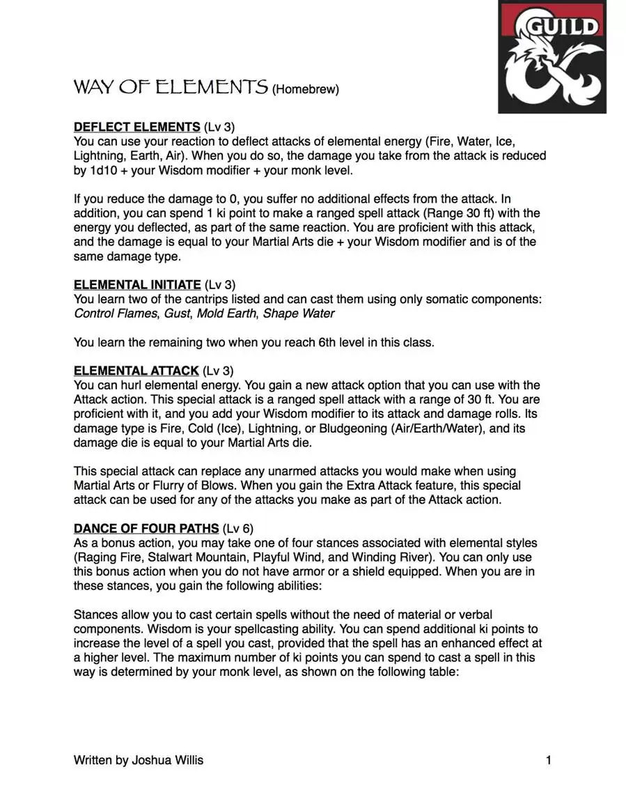 Monk - Way of Elements Monastic Tradition (Homebrew, 5e) - Dungeon ...