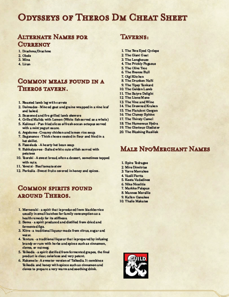 Odysseys of Theros DM Cheat Sheet - Dungeon Masters Guild | DriveThruRPG