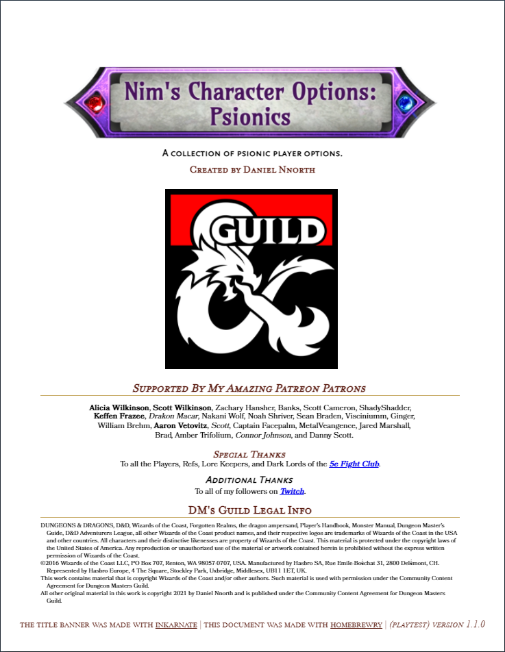 Nim's Character Options - Psionics - Dungeon Masters Guild | DriveThruRPG