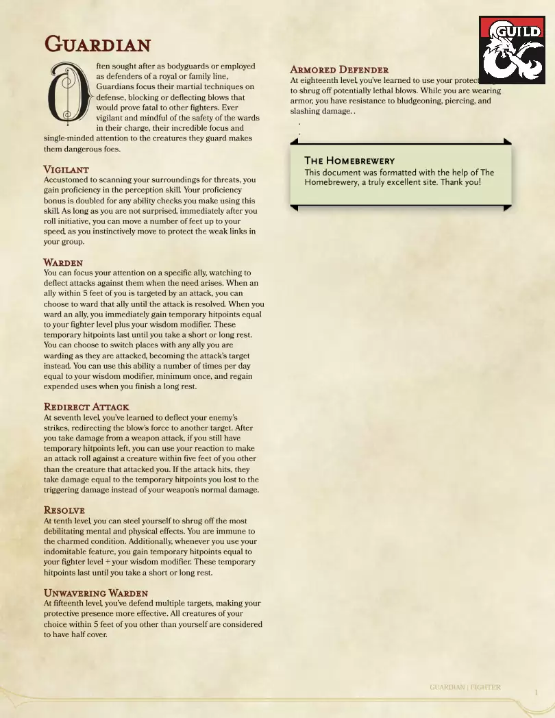 Fighter Subclass - Guardian - Dungeon Masters Guild | DriveThruRPG