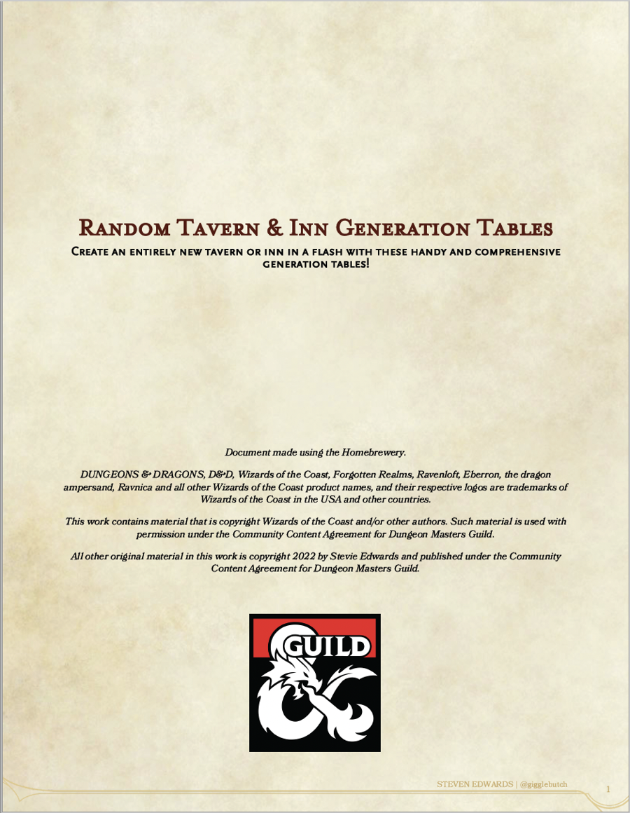 Random Tavern and Inn Generation Tables - Dungeon Masters Guild ...