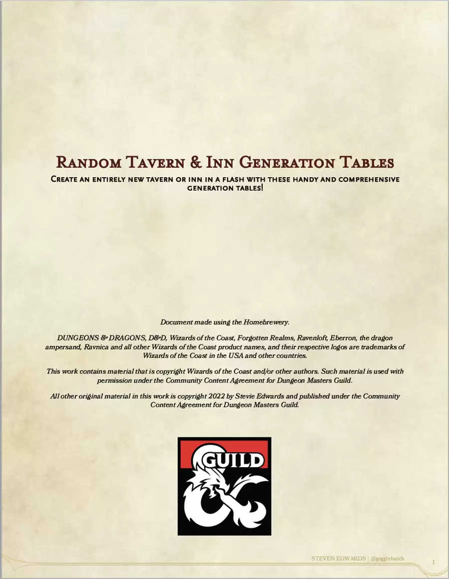 Random Tavern and Inn Generation Tables - Dungeon Masters Guild ...
