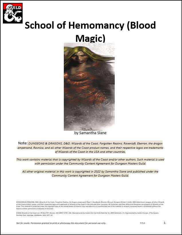 School of Hemomancy (Blood Magic) - Dungeon Masters Guild | DriveThruRPG