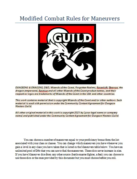 Modified Combat Rules For Maneuvers - Dungeon Masters Guild | DriveThruRPG