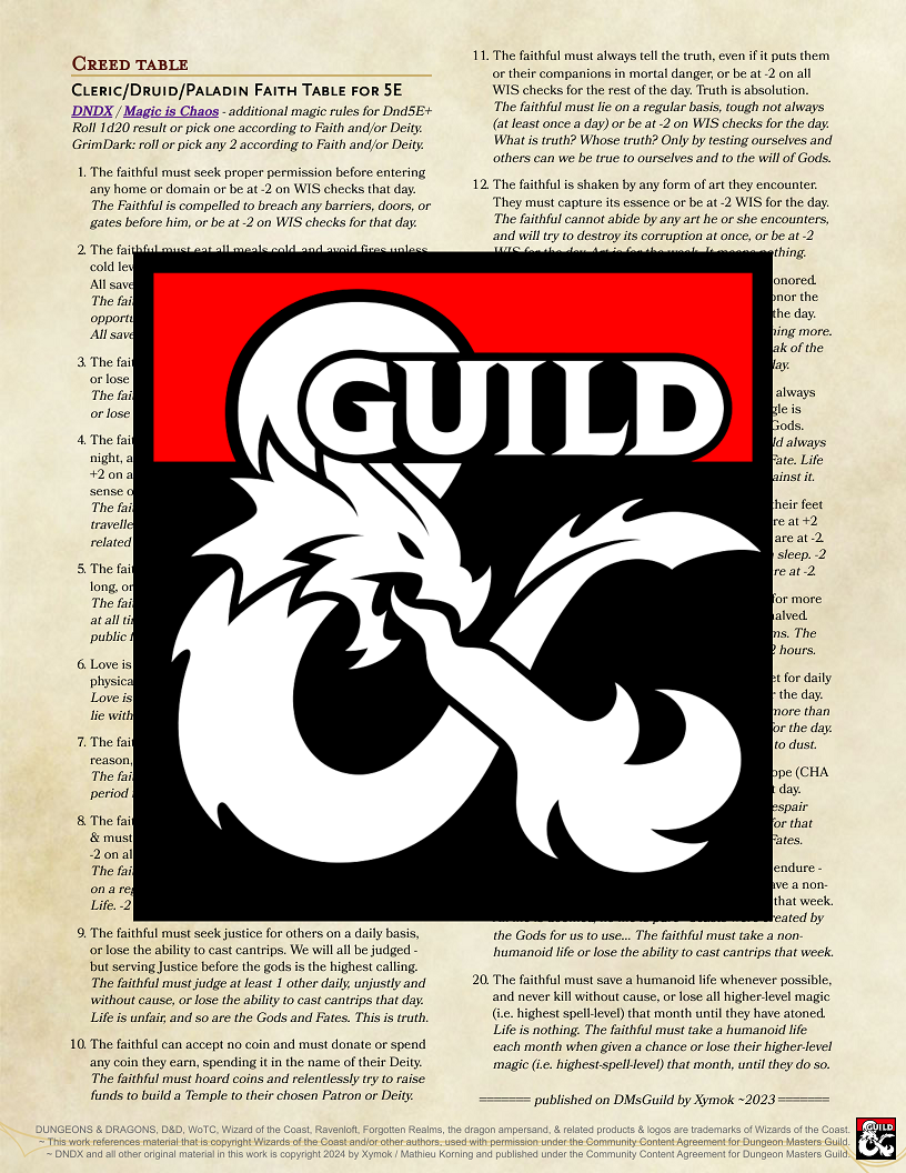 Creed Table - Dungeon Masters Guild | DriveThruRPG