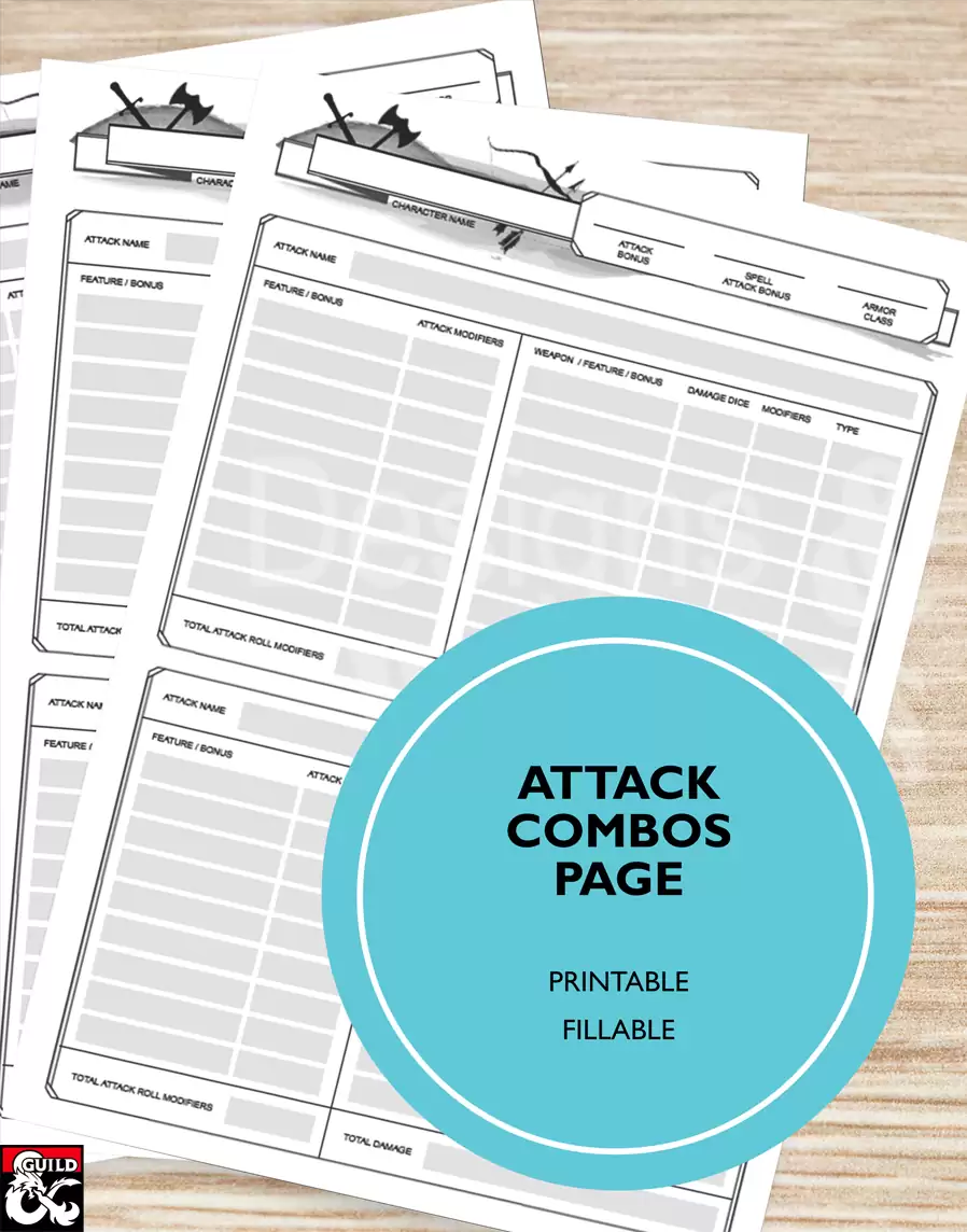Attack Combos page for Character Sheet | Plan Combat attacks | Simple attack roll math ...