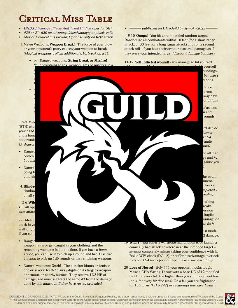 Critical Miss Table - Dungeon Masters Guild | DriveThruRPG