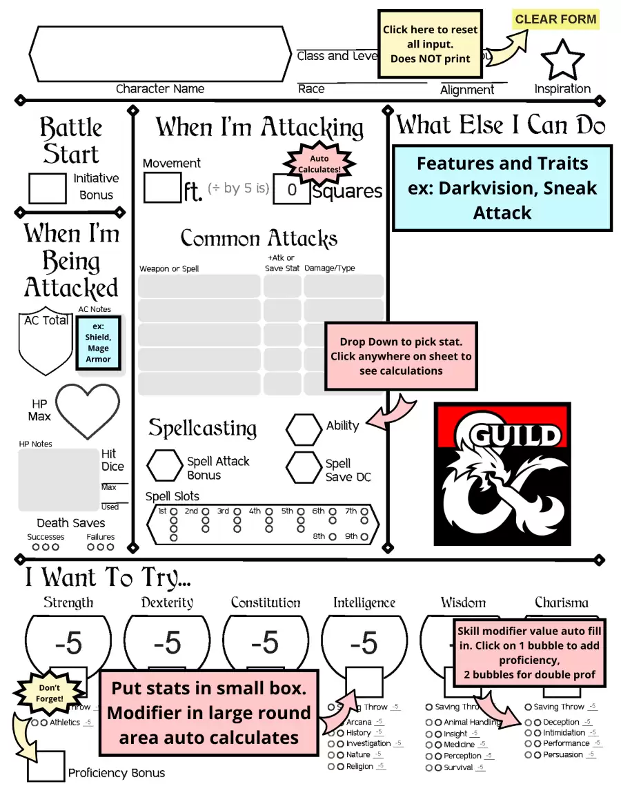 Easy Guided 5e Character Sheet - Dungeon Masters Guild | DriveThruRPG