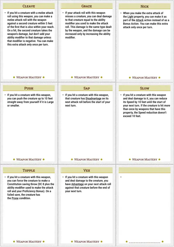 Weapon Mastery Printable Mini Pages for 5e (2024 Edition) - Dungeon ...