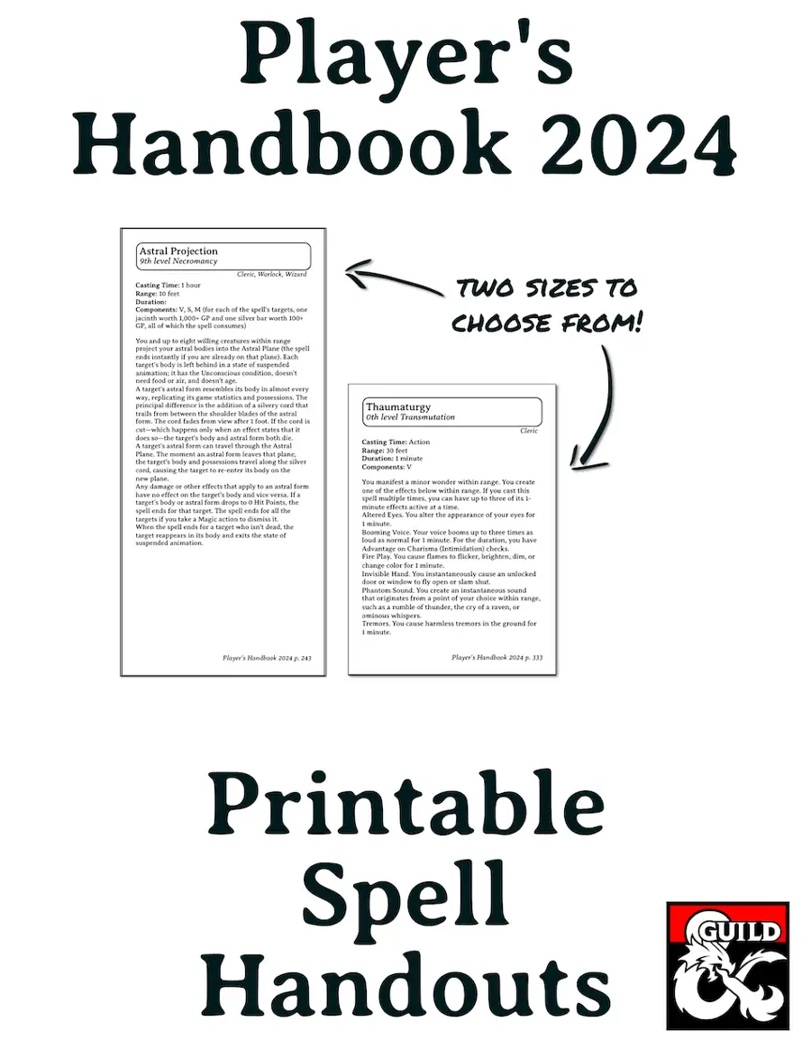 Player's Handbook 2024, Printable Pocket Sized Spell Handouts - Dungeon Masters Guild | DriveThruRPG