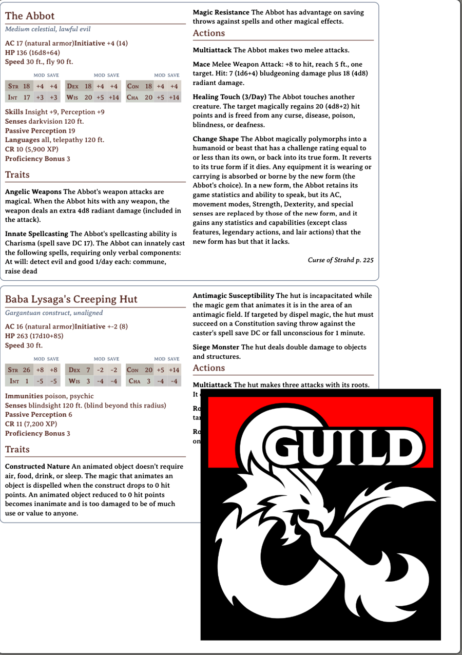 Curse of Strahd, Printable Monster/NPC Stat Block Reference - Dungeon ...
