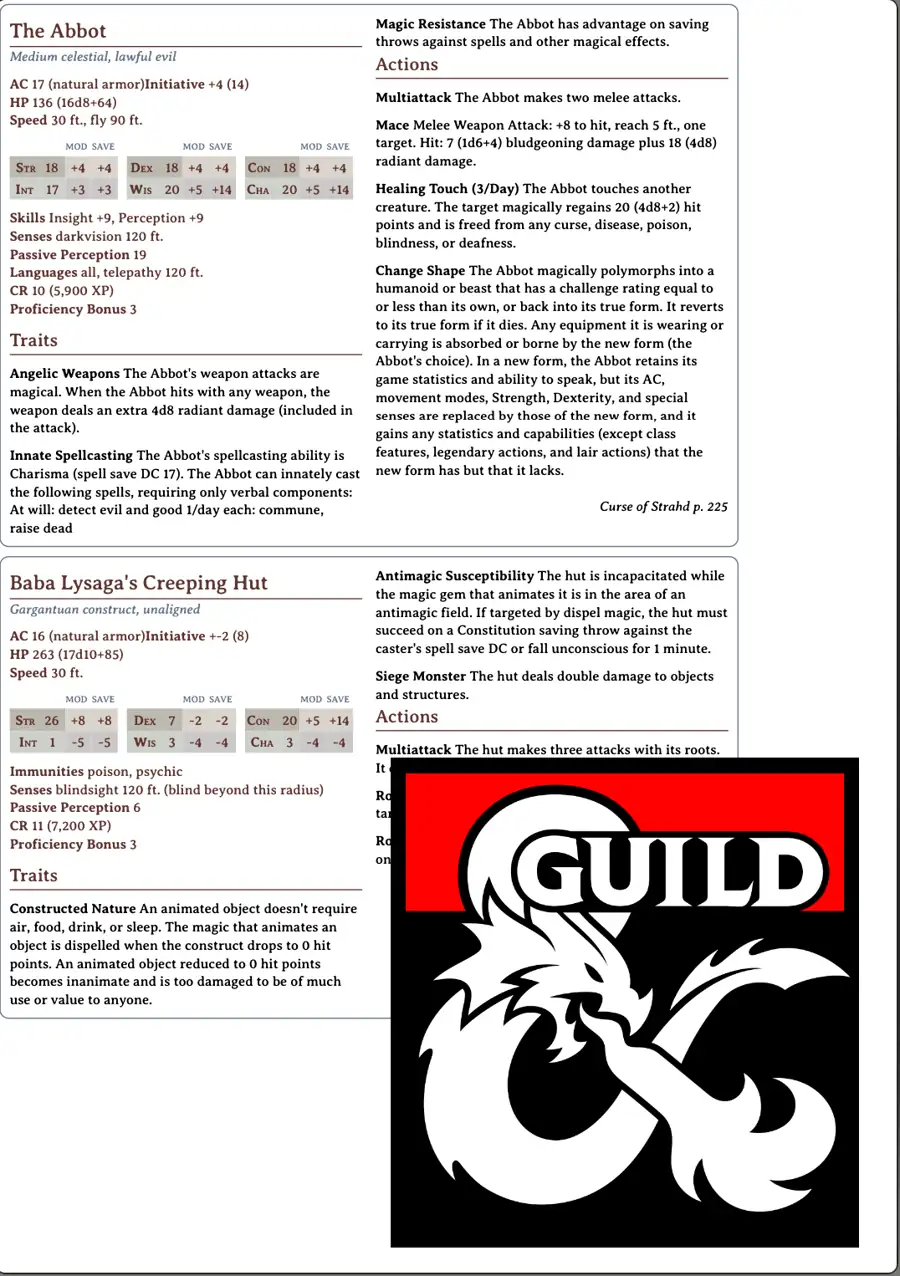 Curse of Strahd, Printable Monster/NPC Stat Block Reference - Dungeon ...