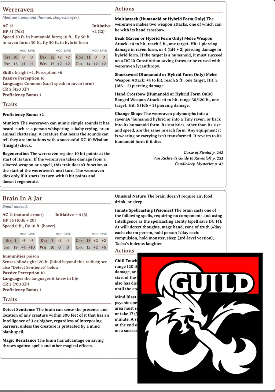 Van Richten's Guide to Ravenloft, Printable Monster/NPC Stat Block ...