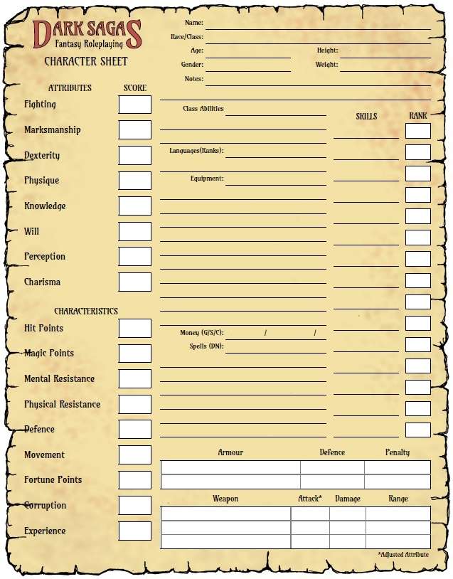 Dark Sagas Deluxe Character Sheet - MHGames | DriveThruRPG