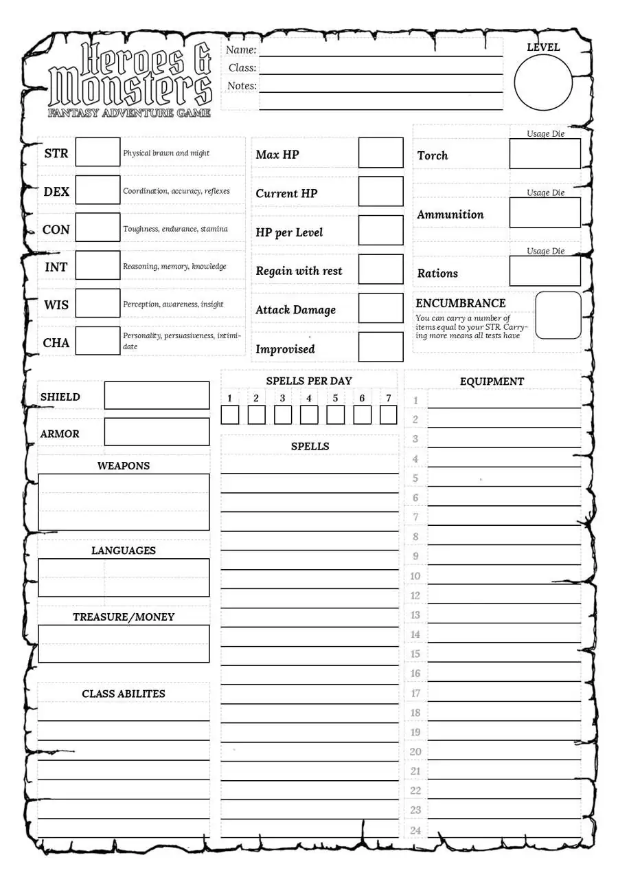 Heroes & Monsters Character Sheet - MHGames | DriveThruRPG