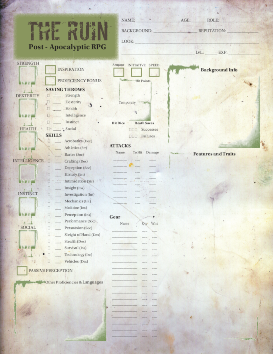 The Ruin 5th edition Character Sheet - Broken Rat Games | The Ruin ...
