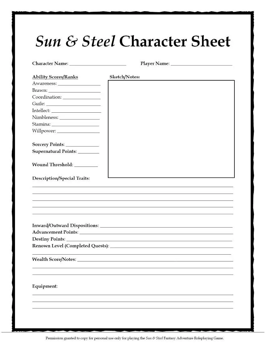 Sun & Steel Character Sheet - Lazaro Izaguirre | DriveThruRPG