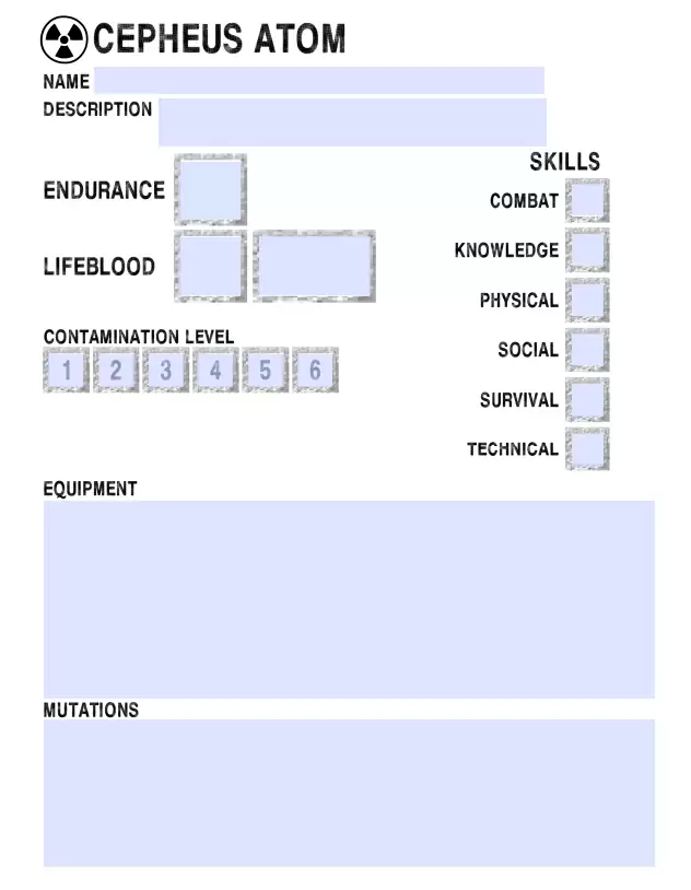 Cepheus Atom Character Sheet - Stellagama Publishing | Quantum Engine | DriveThruRPG