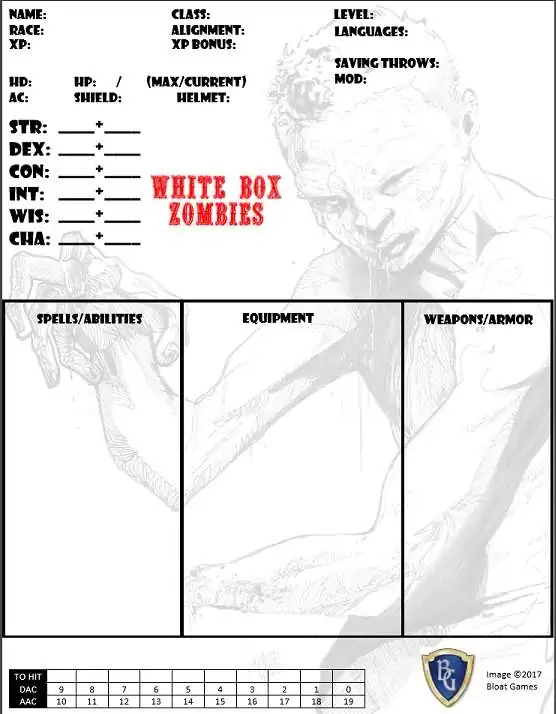 White Box Zombies- CHARACTER SHEET - free - Bloat Games | DriveThruRPG